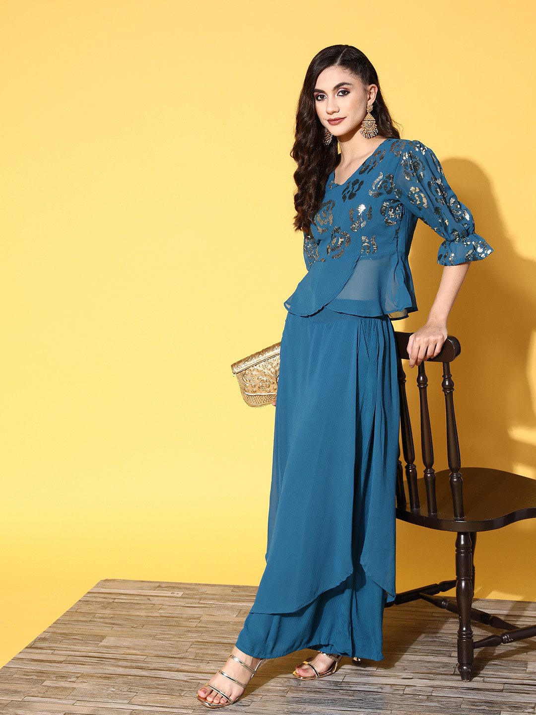 Buy Juniper Women Teal Embellished Top With Solid Palazzos - Co Ords ...