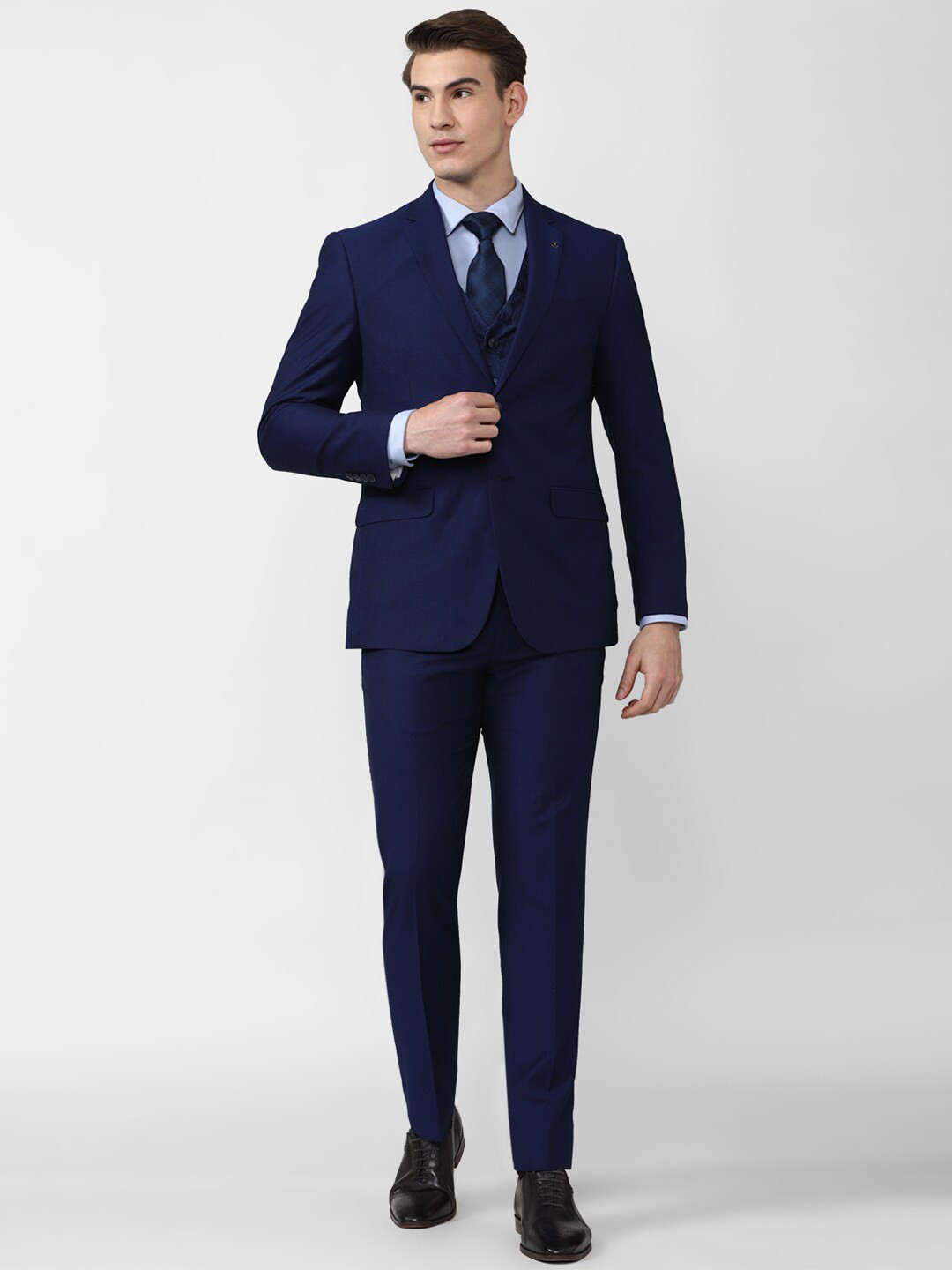 Buy Van Heusen Men Navy Blue Solid Slim Fit Three Piece Suits - Suits ...