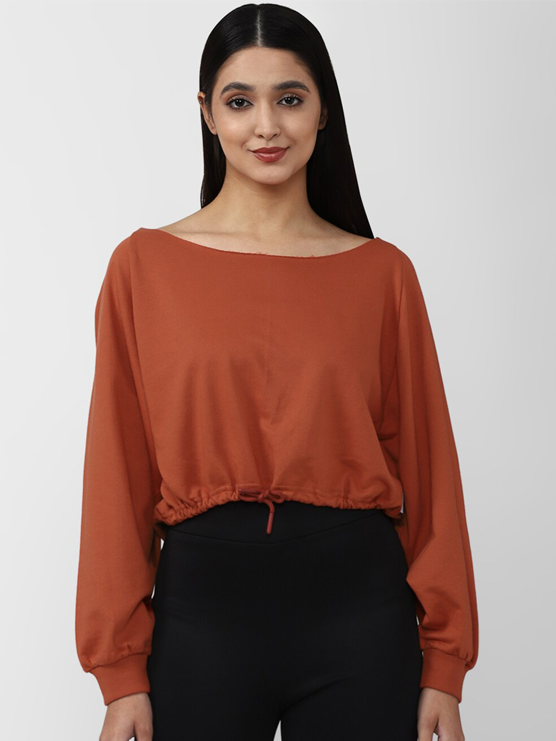 Buy FOREVER 21 Women's Orange Boat Neck Blouson Active Crop Top - Tops ...