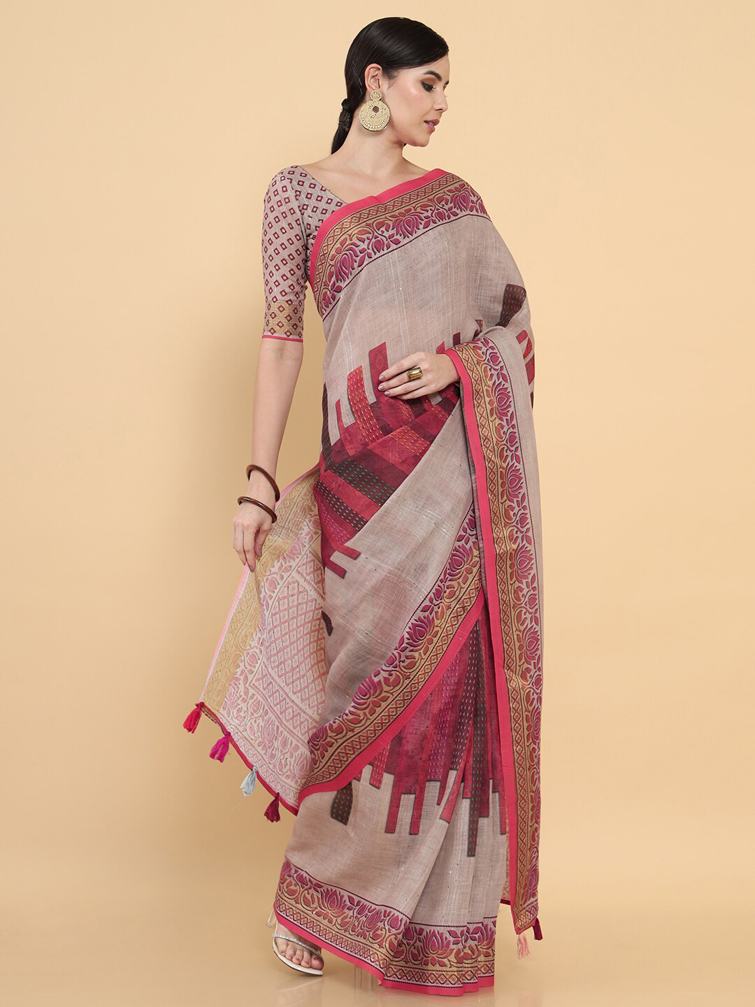Buy Soch Women Beige & Pink Printed Polycotton Saree With Unstitched ...