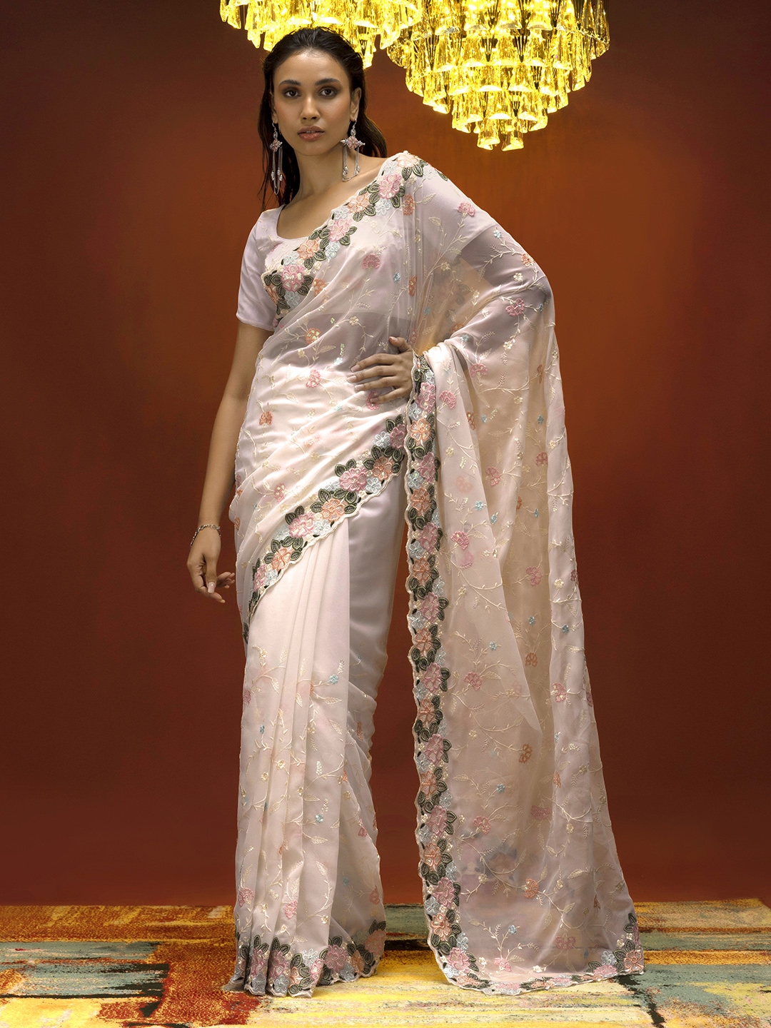 Buy Soch Cream Coloured & Green Floral Embroidered Pure Georgette Saree ... Buy Soch Cream Coloured & Green Floral Embroidered Pure Georgette Saree ...