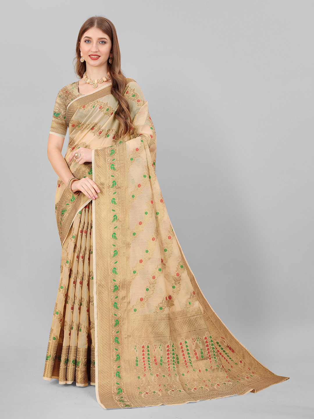 Buy Fashion FRICKS Cream & Green Floral Zari Pure Silk Banarasi Saree ...