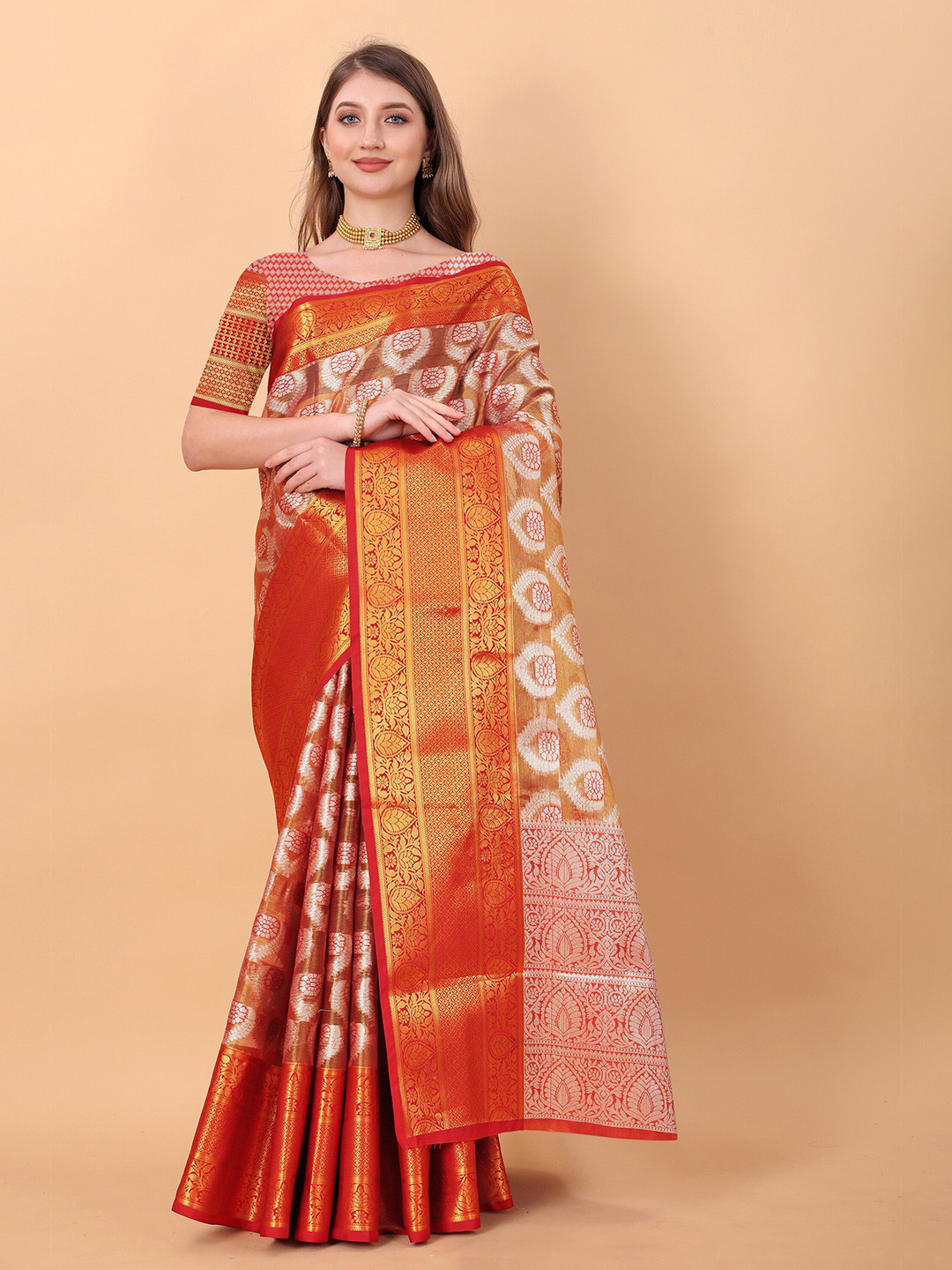 Buy Fashion FRICKS Orange & Red Woven Design Zari Pure Silk Banarasi ...