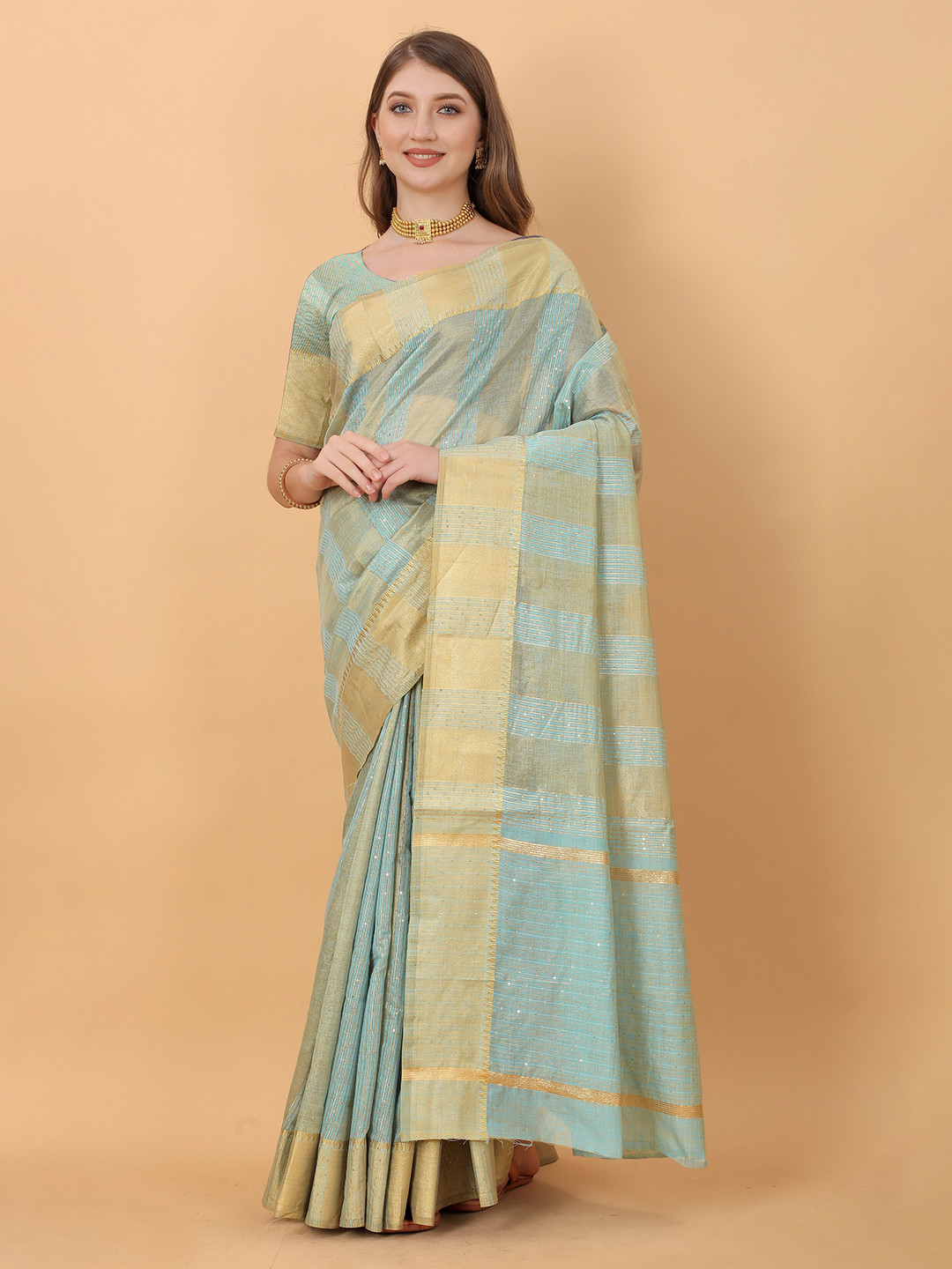 Buy Fashion FRICKS Women Blue & Gold Toned Woven Design Pure Silk ...