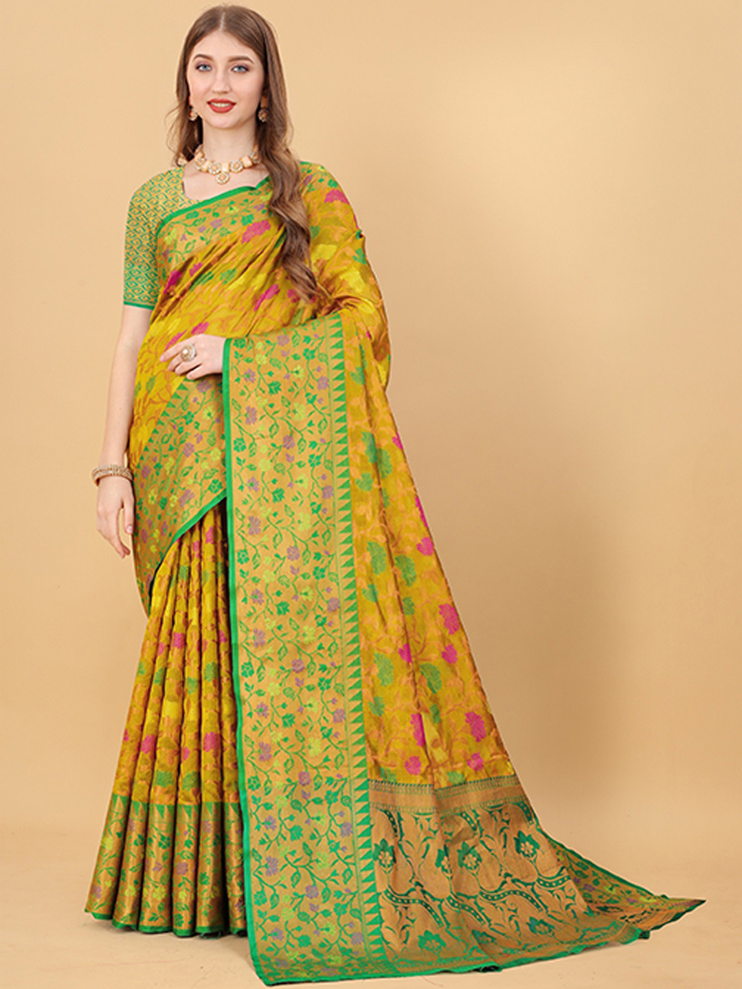 Buy Fashion FRICKS Yellow & Green Floral Zari Pure Silk Banarasi Saree ...