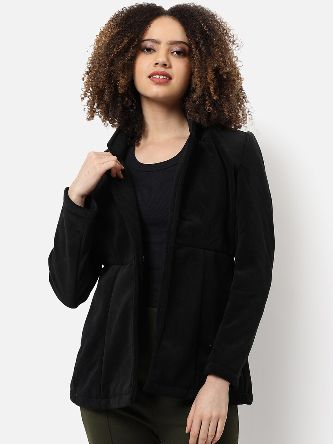 Buy Campus Sutra Women Black Solid Single Breasted Winter Wear Blazer ...