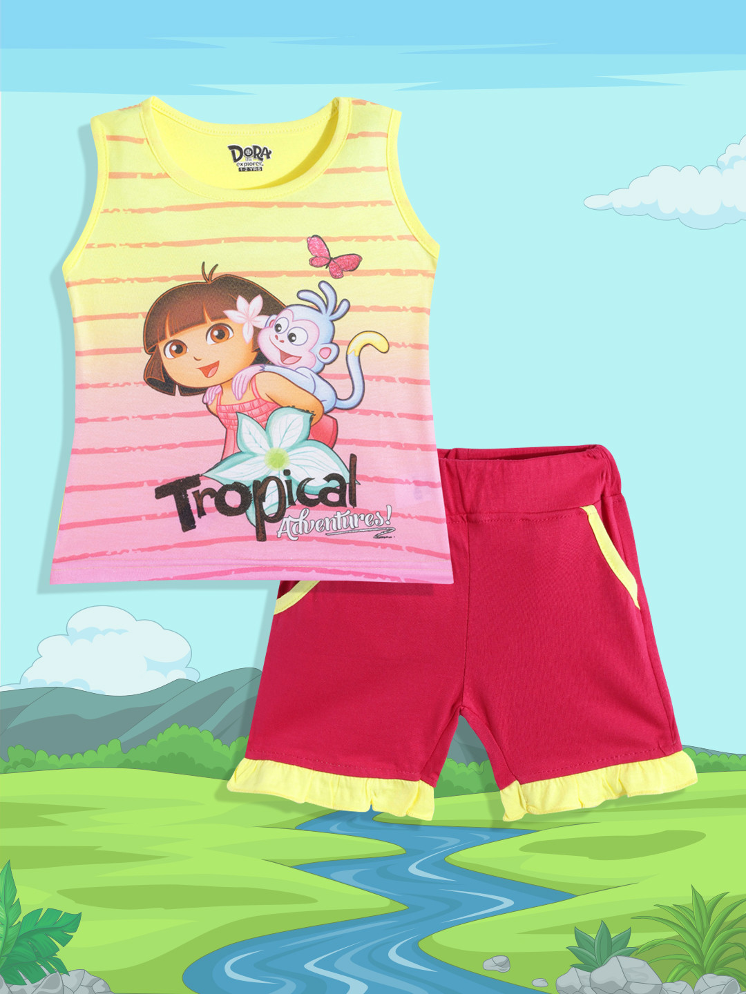 Buy Eteenz Girls Yellow & Red Dora Printed Cotton T Shirt With Shorts ...