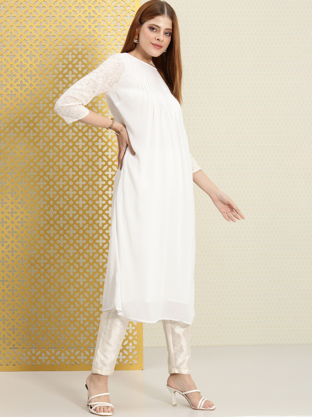 Buy House Of Pataudi Women White Embroidered Accordion Pleats Jashn ...