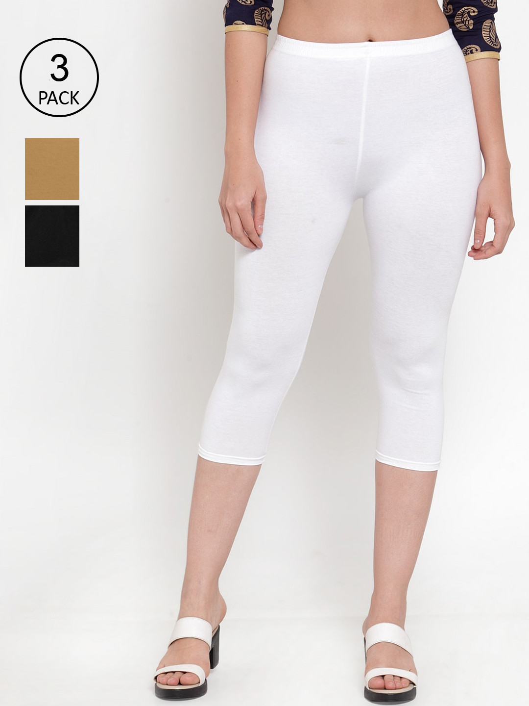 Buy GRACIT Women Pack Of 3 White & Mustard Capris - Capris for Women ...