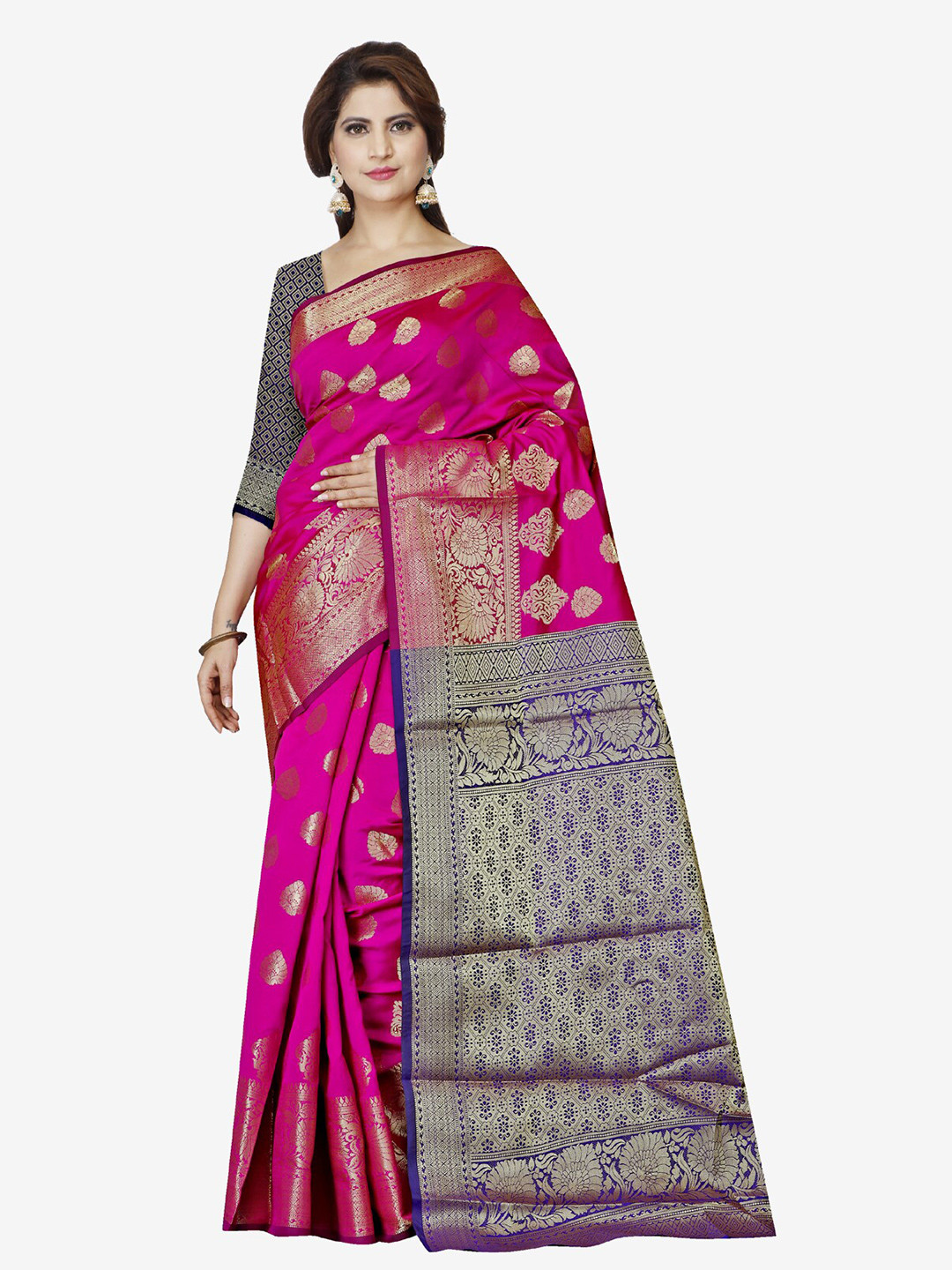 Buy Indian Fashionista Pink & Blue Woven Design Zari Maheshwari Saree ...