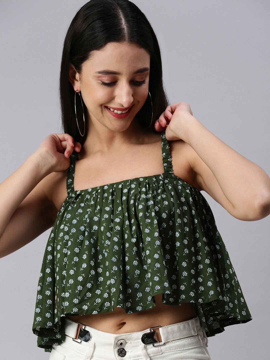Buy Kalini Green Floral Printed Cotton Crop Top Tops For Women