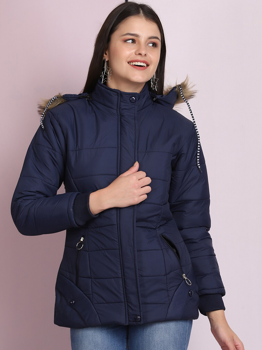 Buy BUY NEW TREND Women Navy Blue Lightweight Longline Padded Jacket ...