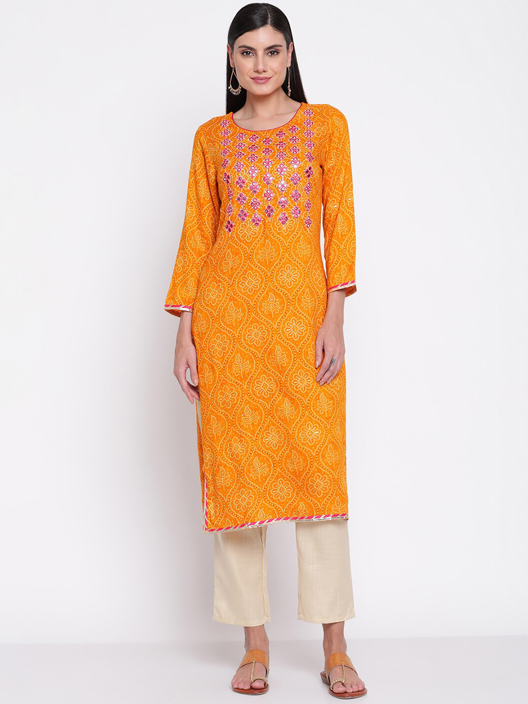Buy Be Indi Women Round Neck Ethnic Motifs Straight Side Slits Regular ...