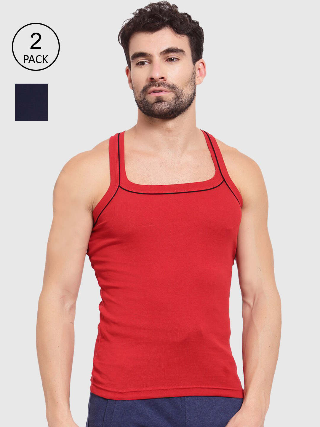 Buy SPORTO Men Pack Of 2 Neck Navy & Red Solid Pure Cotton Innerwear ...