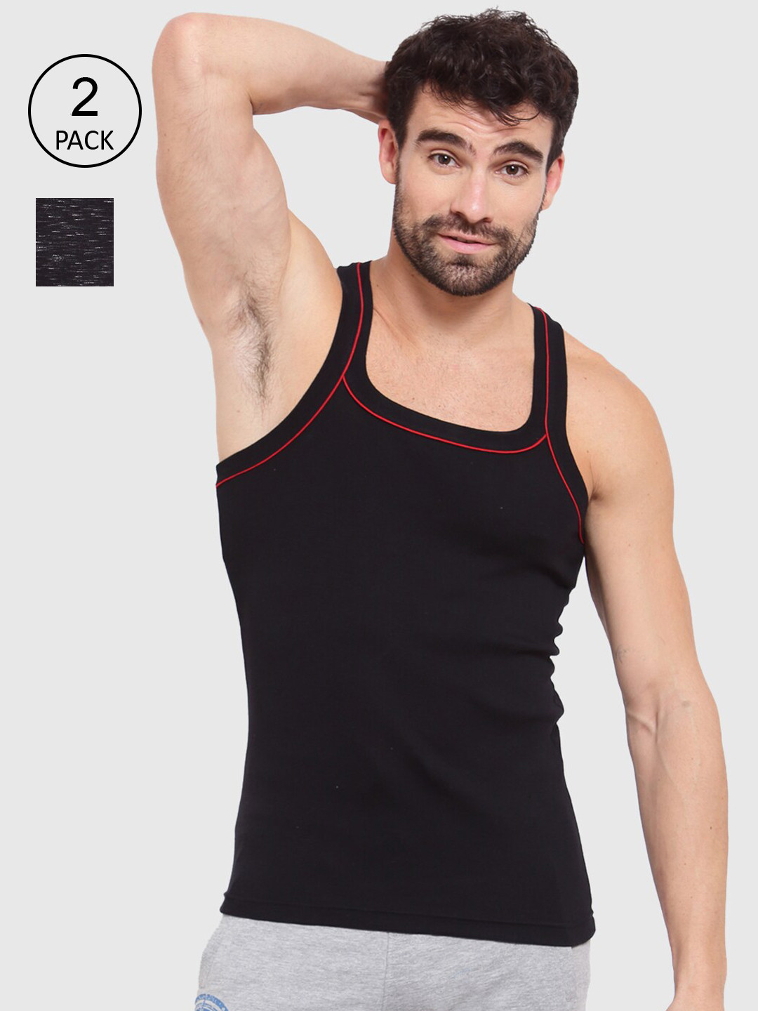Buy SPORTO Men Pack Of 2 Black Solid Pure Cotton Innerwear Gym Vests ...