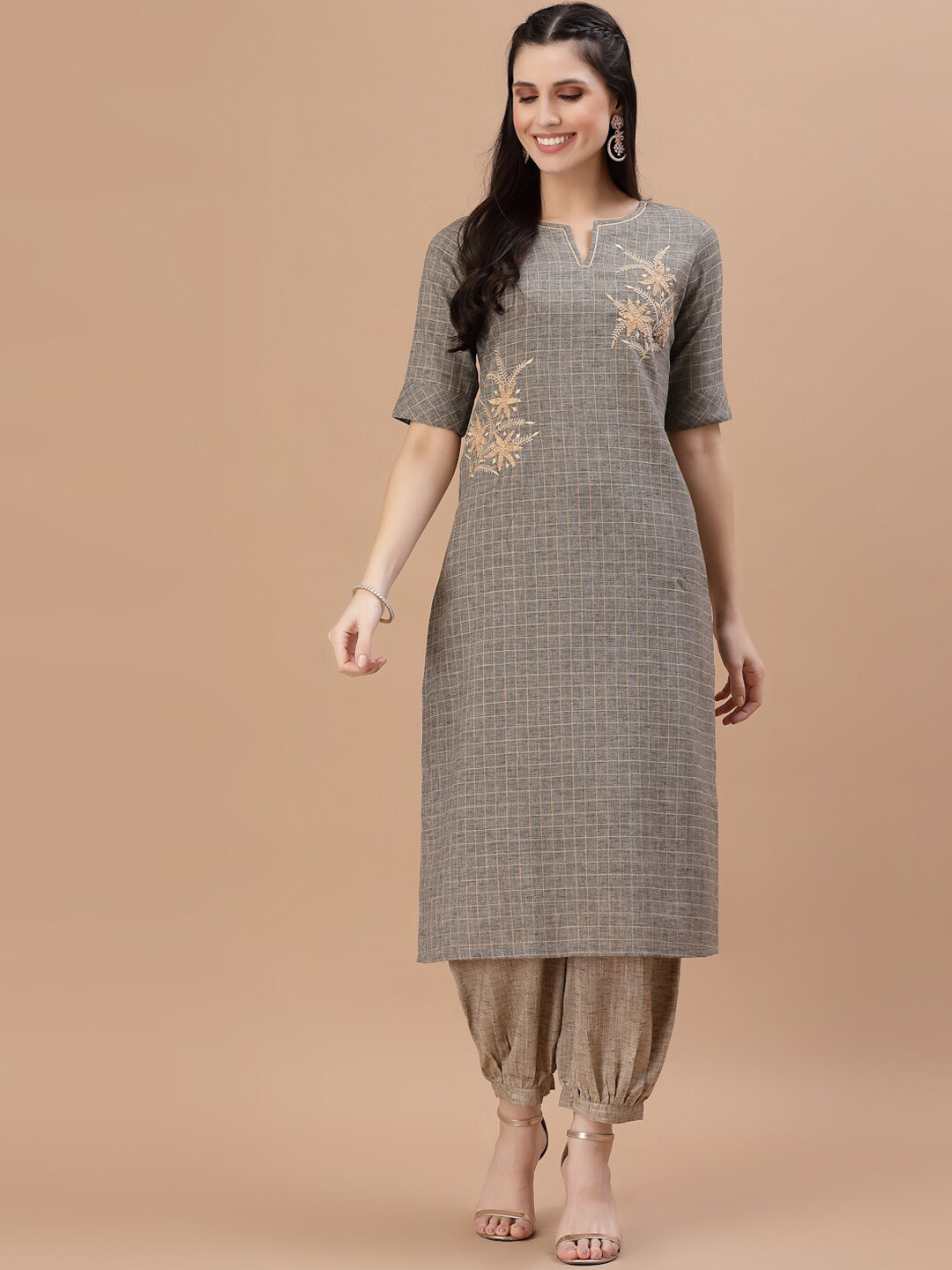 Buy Smiro Women Grey Embroidered Cotton Kurta - Kurtas for Women ...