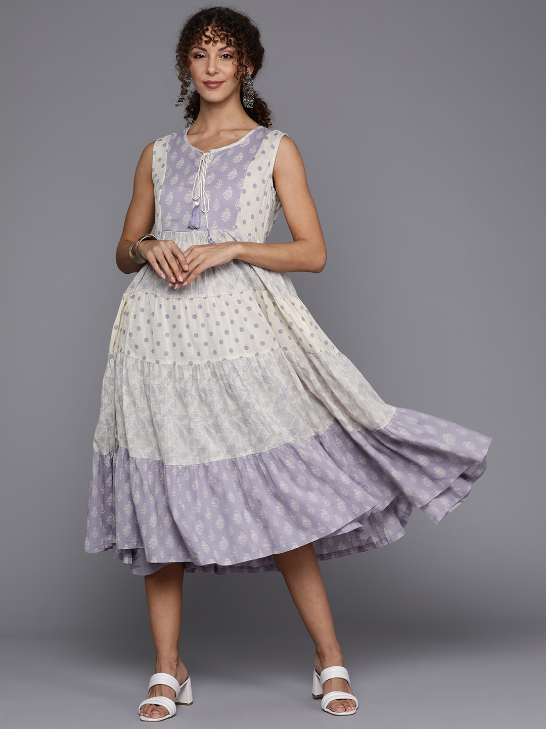 Buy Biba Women Geometric Print Pure Cotton Tiered A Line Midi Dress ...