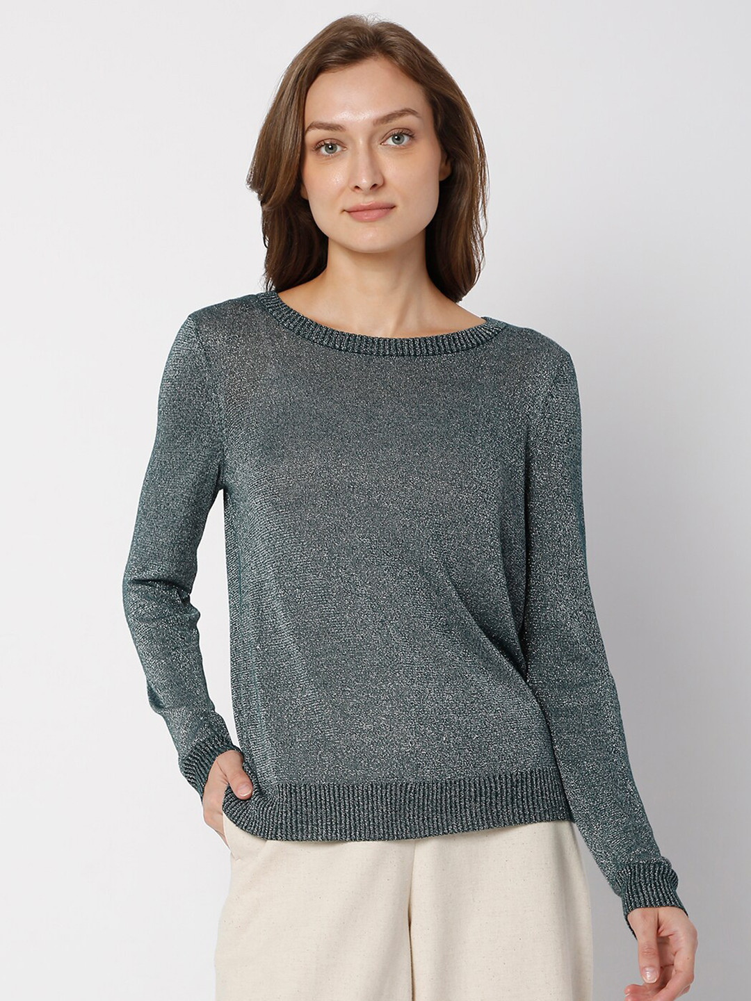 Buy Vero Moda Women Green Self Design Viscose Rayon Pullover - Sweaters ...