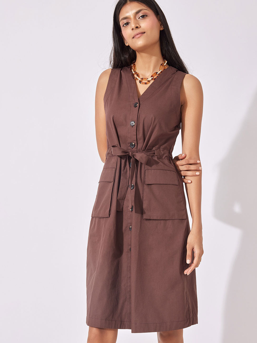 Buy The Label Life Women Brown Mocha V Neck Belted Dress - Dresses for ...