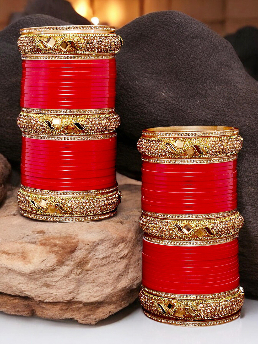 Buy LUCKY JEWELLERY Red CZ & Kundan Studded Punjabi Bridal Bangle Set ...