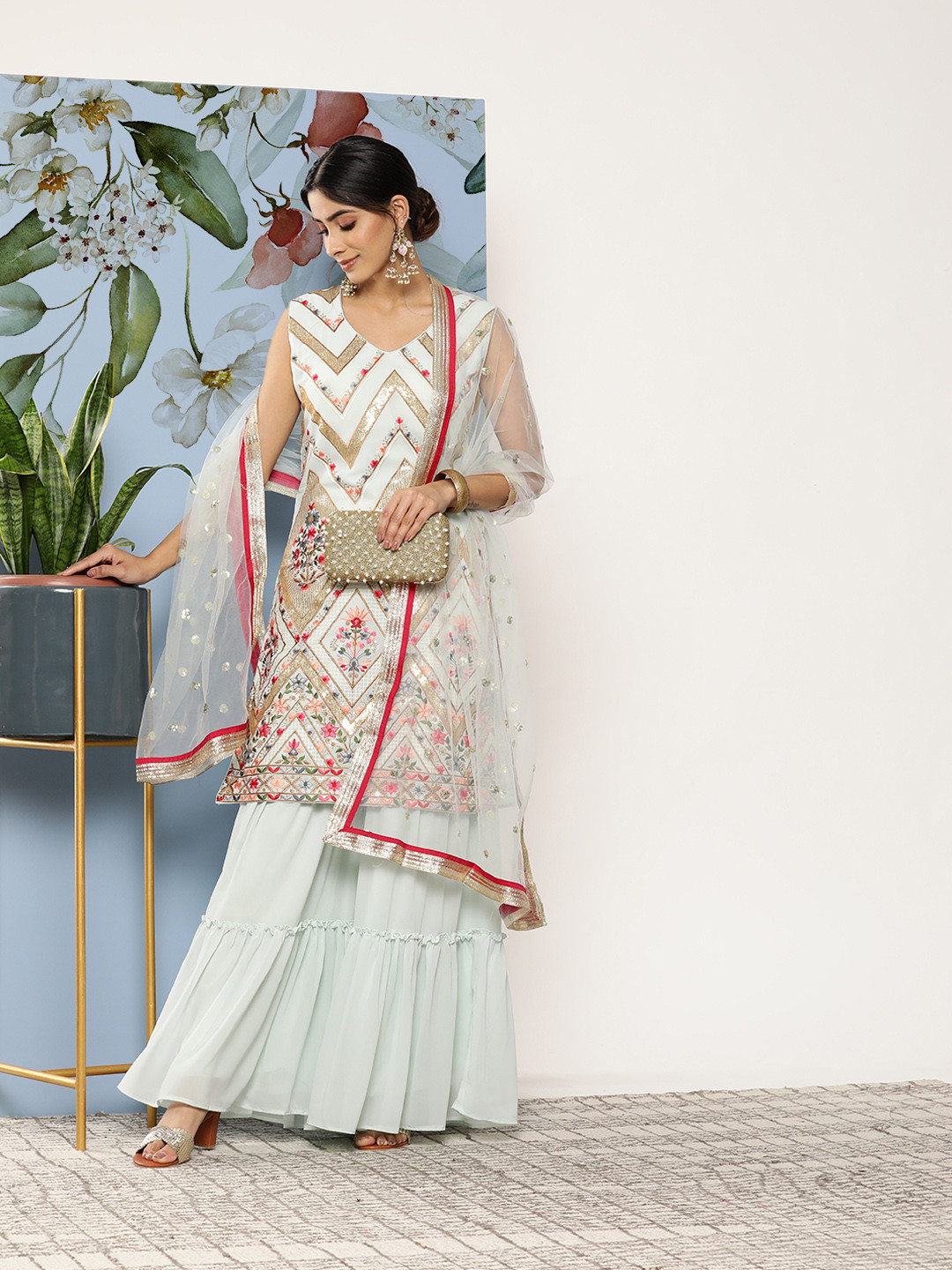 Buy SAARYA Women Grey Ethnic Motifs Embroidered Sequinned Kurta With ...