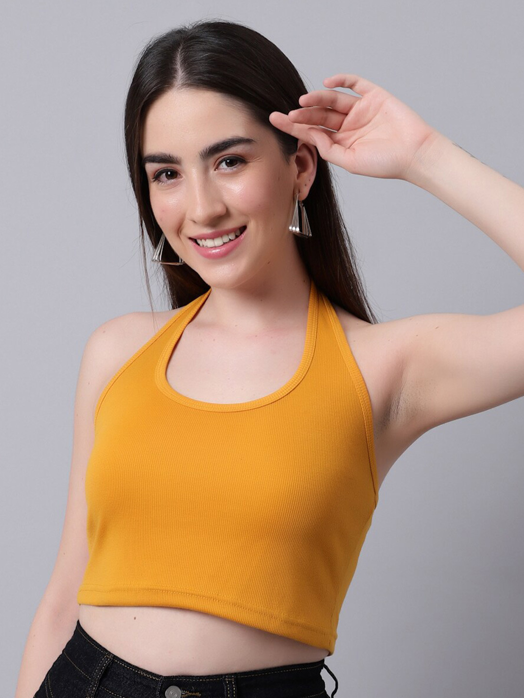 Buy River Of Design Jeans Mustard Yellow Halter Neck Crop Top - Tops ...