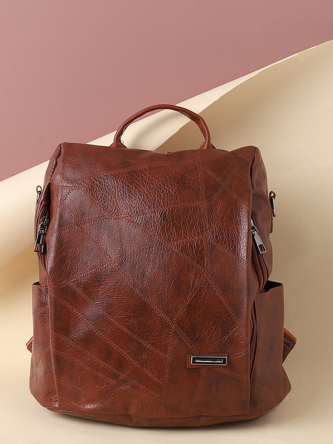 Buy HAUTE SAUCE By Campus Sutra Women Brown Textured PU Backpack ...