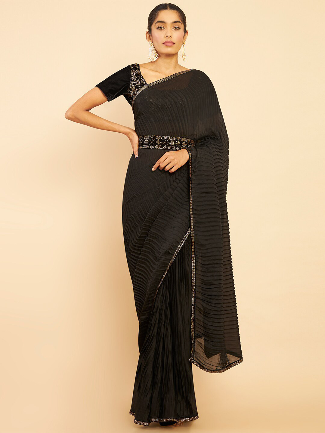 Buy Soch Black & Gold Toned Sequinned Pure Crepe Saree - Sarees for ...