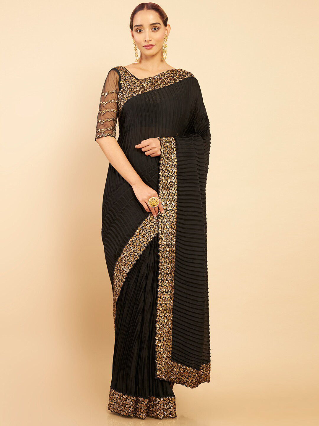 Buy Soch Black & Gold Toned Embroidered Pure Crepe Saree - Sarees for ...