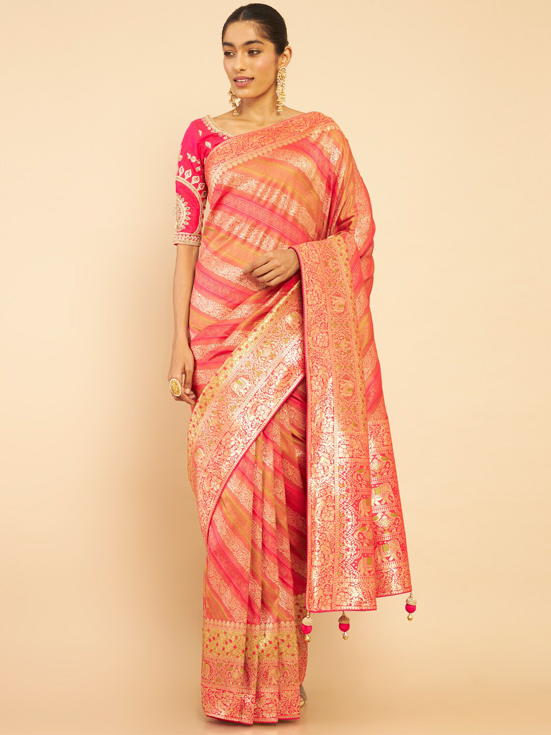 Buy Soch Pink & Gold Toned Woven Design Zari Silk Blend Tussar Saree ...