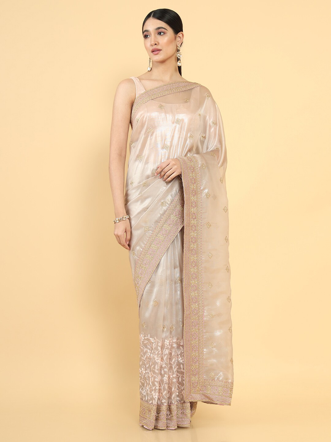 Buy Soch Peach Coloured & Gold Toned Floral Embroidered Tissue Saree ... Buy Soch Peach Coloured & Gold Toned Floral Embroidered Tissue Saree ...