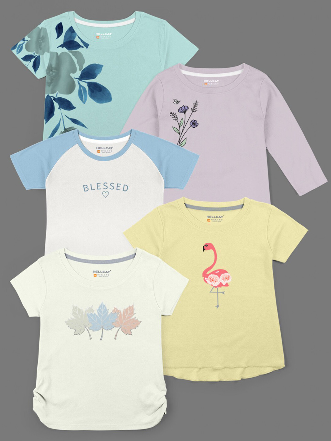 Buy HELLCAT Pack Of 5 Girls Lavender & White Printed Bio Finish T Shirt ...