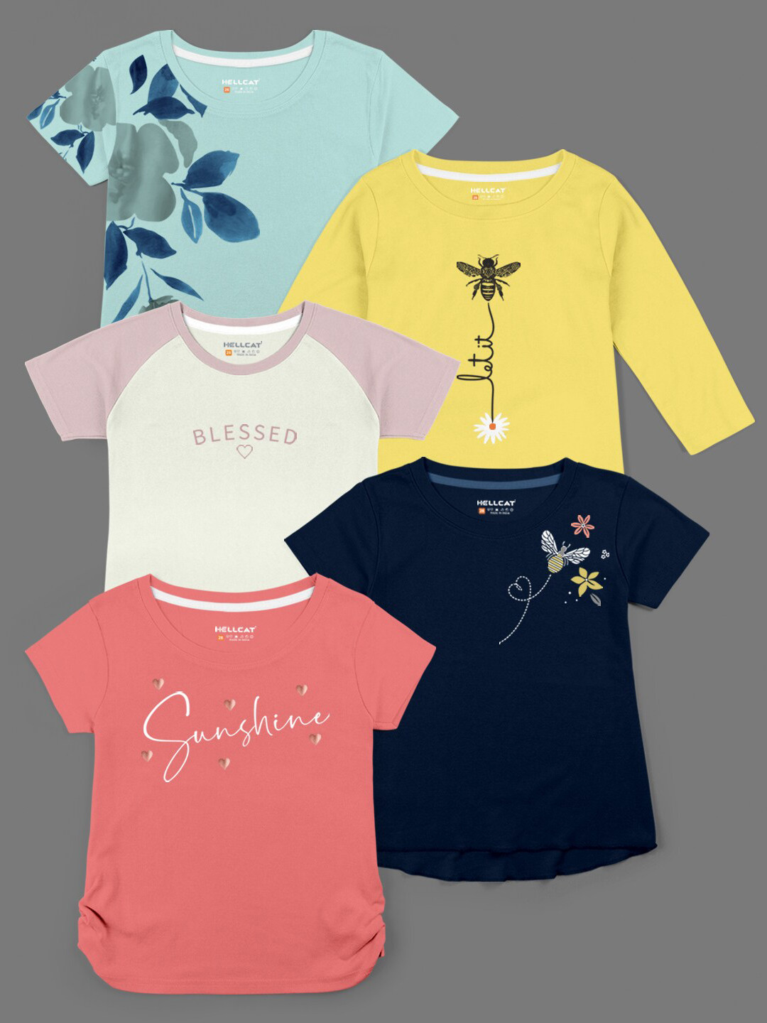 Buy HELLCAT Girls Pack Of 5 Printed Bio Finish T Shirt - Tshirts for ...