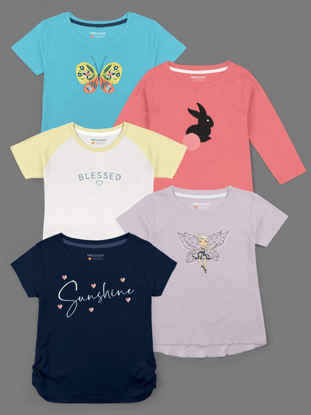 Buy HELLCAT Girls Pack Of 5 Printed Bio Finish T Shirt - Tshirts for ...