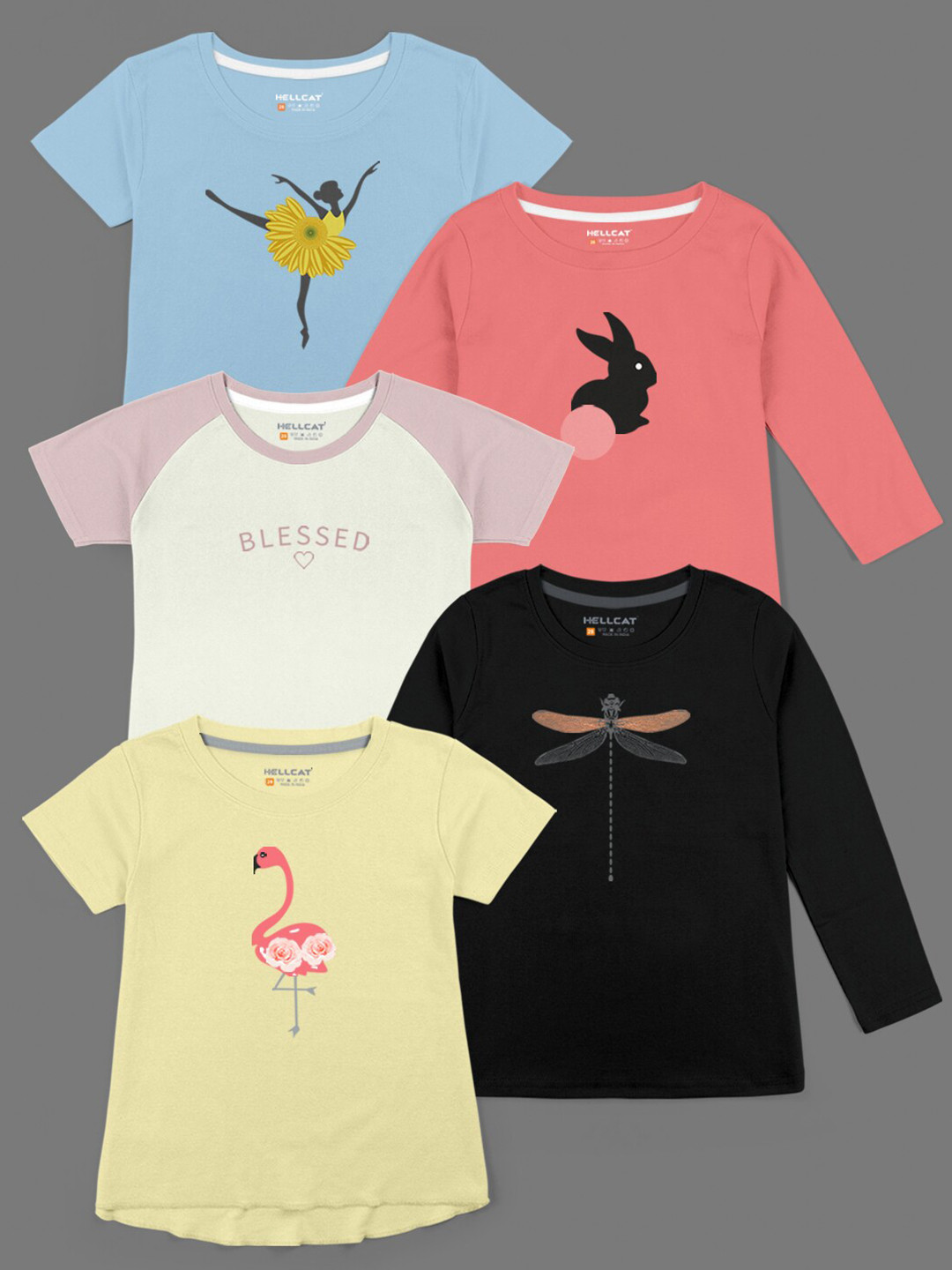 Buy HELLCAT Girls Pack Of 5 Printed Bio Finish T Shirt - Tshirts for ...