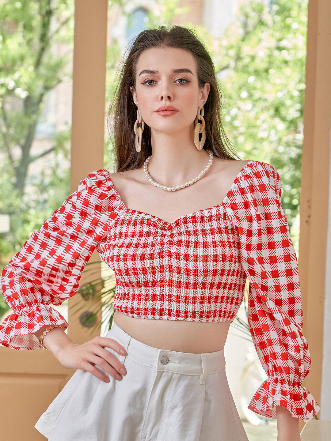 Buy URBANIC Women White & Red Checked Crop Top - Tops for Women ...