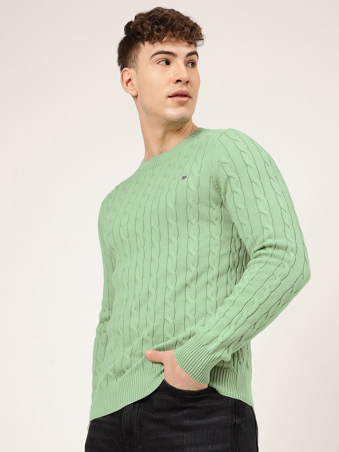 Buy GANT Men Green Self Design Cable Knit Pullover - Sweaters for Men ...