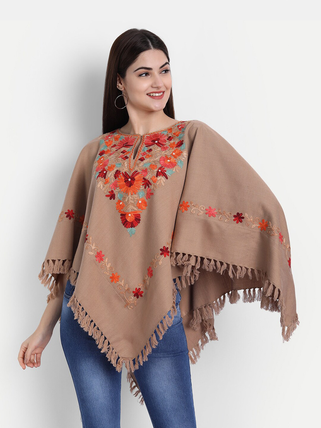 Buy Zamour Women Brown & Pink Embroidered Poncho With Embroidered ...