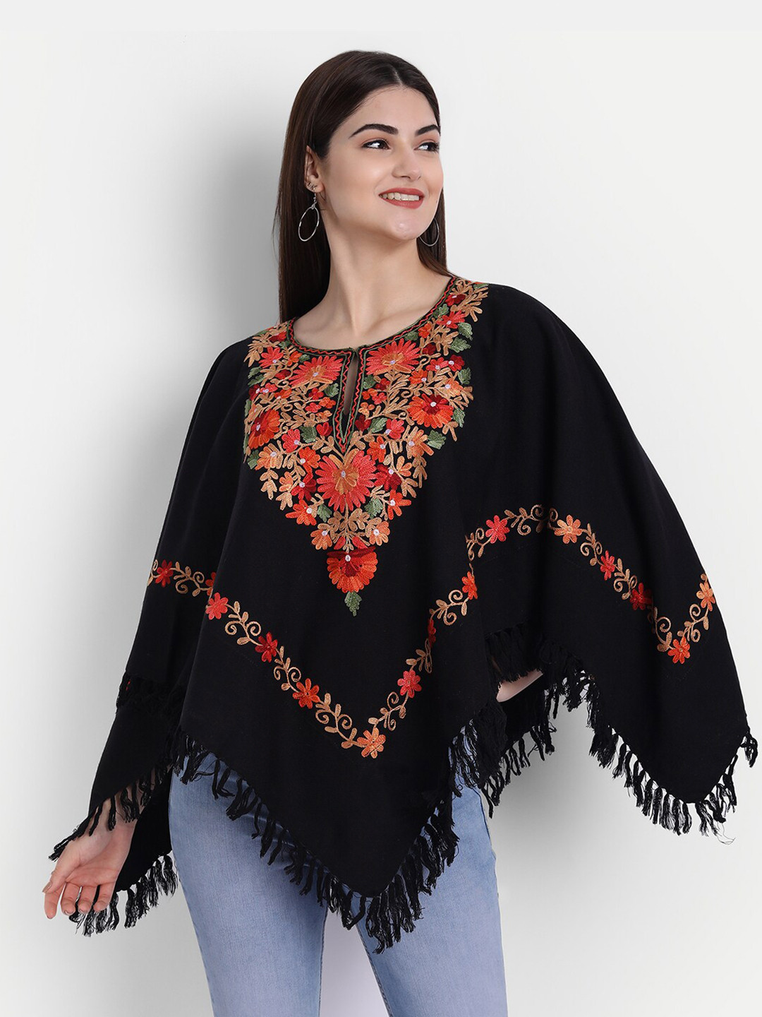 Buy Zamour Women Black & Pink Embroidered Poncho With Embroidered ...