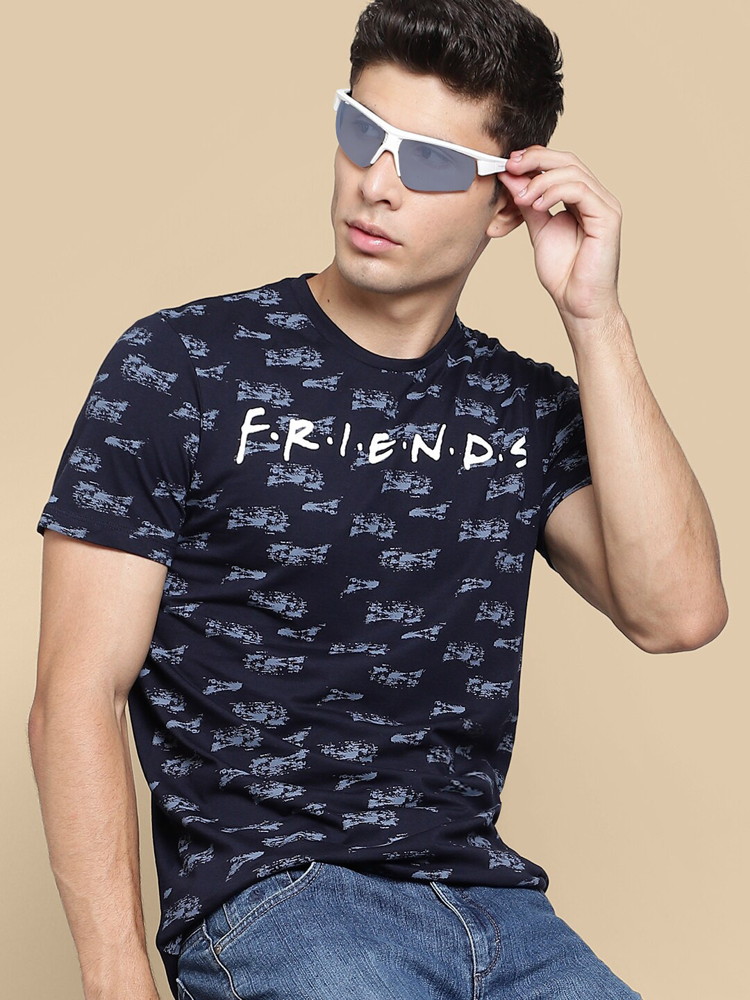 Buy Free Authority Men Navy Blue Friends Printed Pure Cotton Tshirts ...