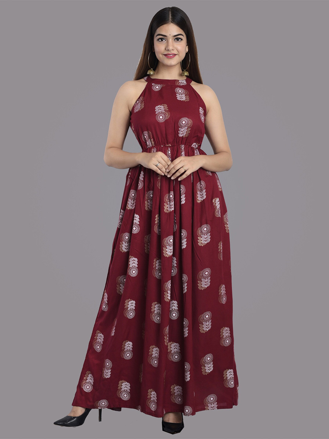Buy METRO FASHION Women Maroon & White Ethnic Motifs Halter Neck Maxi ...
