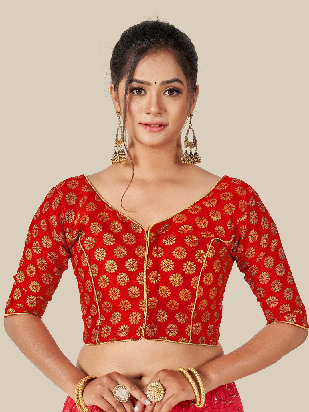 Buy HIMRISE Women Red & Gold Woven Design Saree Blouse - Saree Blouse ...