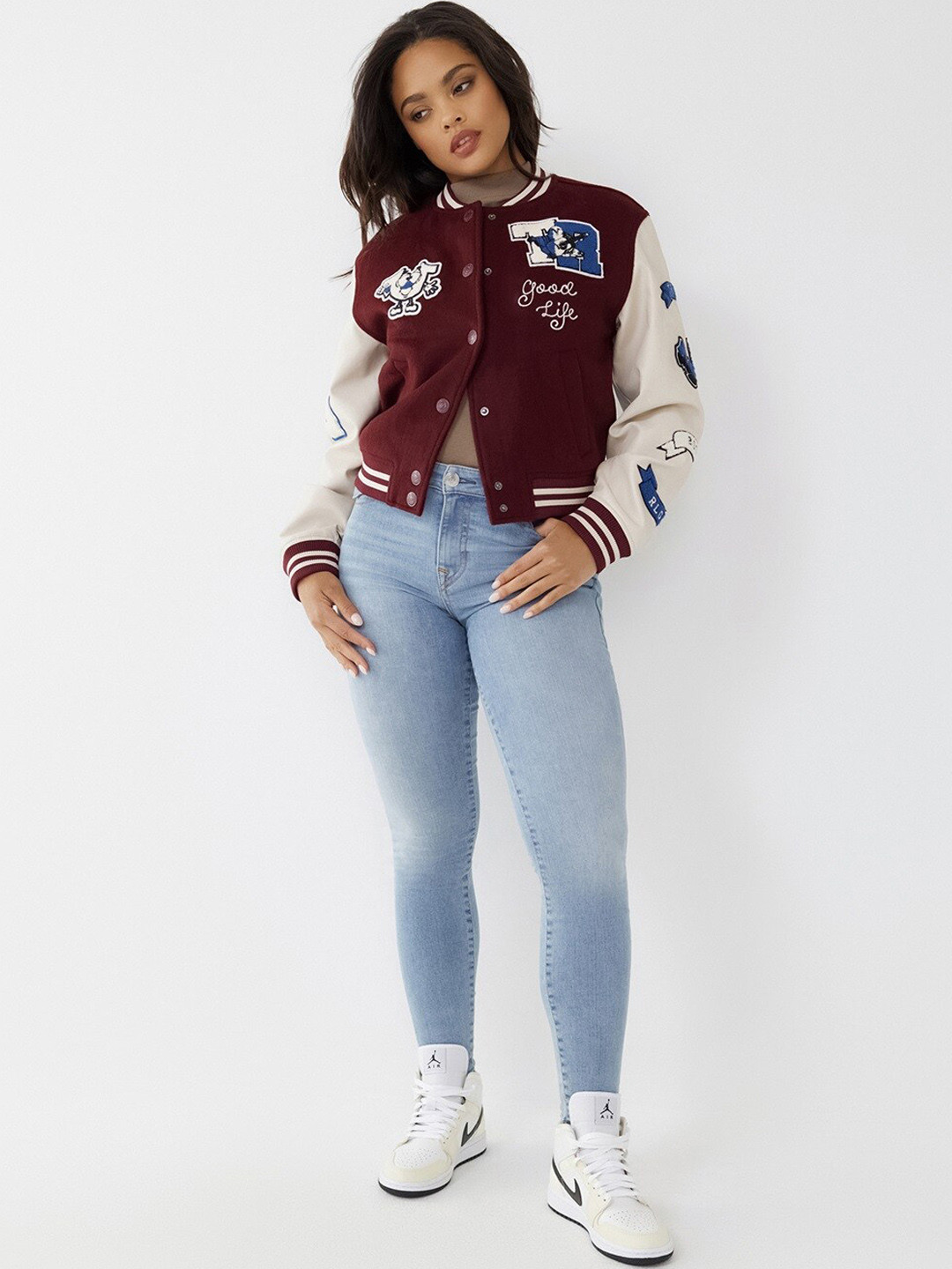 Buy True Religion Women Maroon Lightweight Crop Varsity Jacket ...
