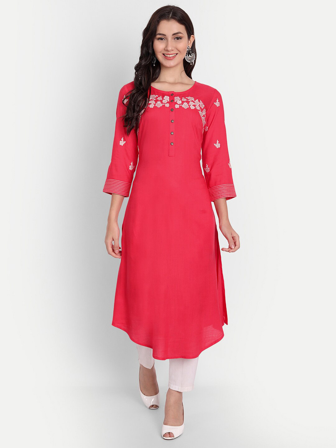 Buy SUTI Women Coral Floral Embroidered Thread Work Kurta - Kurtas for ...