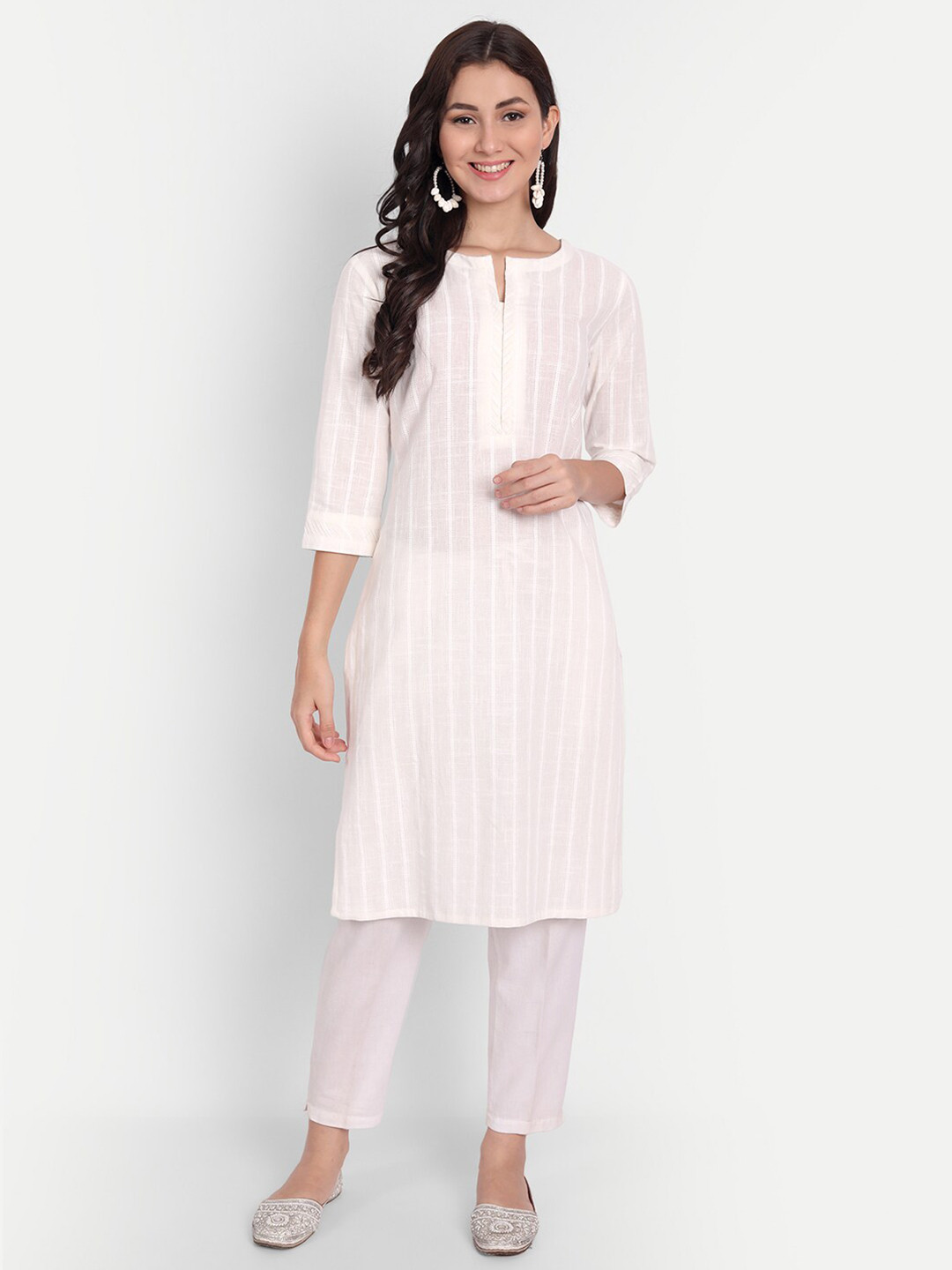 Buy SUTI Women White Printed Cotton Striped Kurta - Kurtas for Women ...