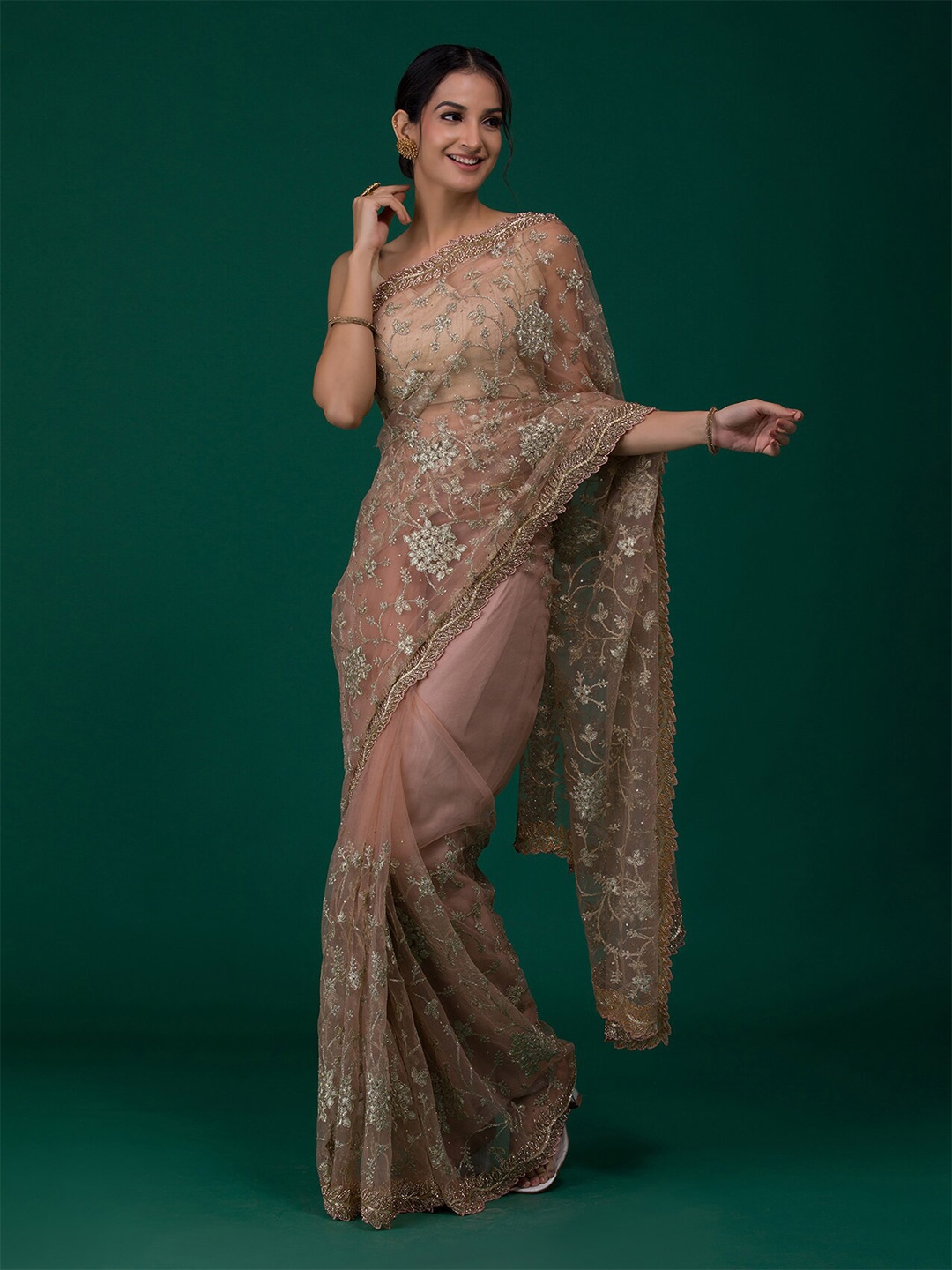 Buy Koskii Peach Coloured & Gold Toned Embellished Embroidered Supernet ... Buy Koskii Peach Coloured & Gold Toned Embellished Embroidered Supernet ...