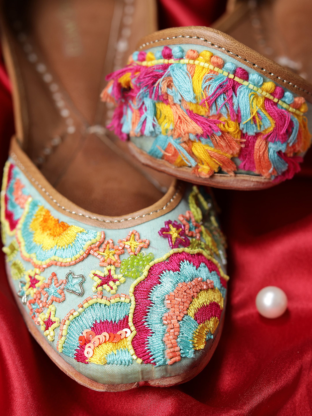 Buy GLAM STORY Women Multicoloured Embellished Party Mojaris Flats ...