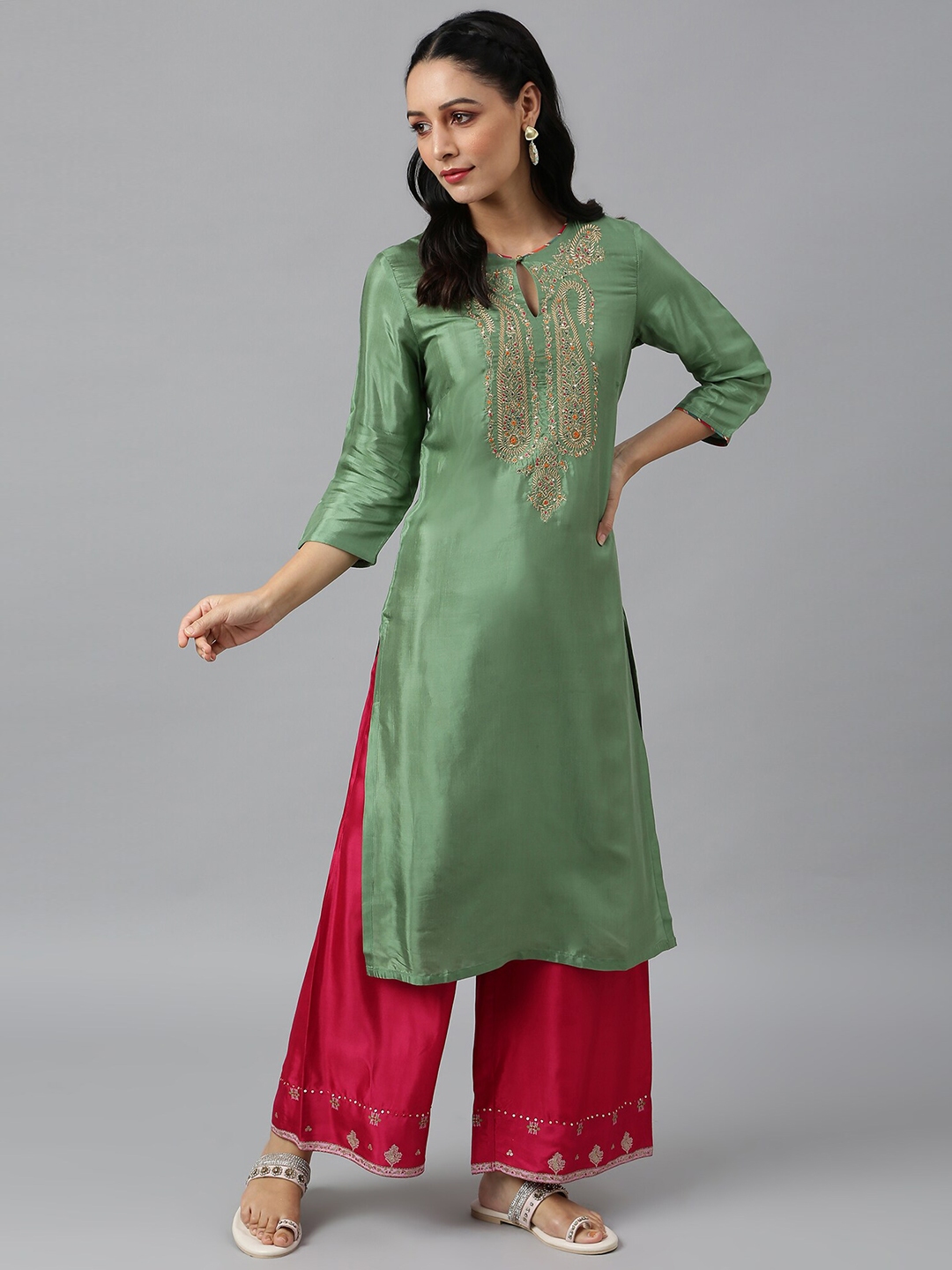 Buy W Women Green Ethnic Motifs Yoke Design Keyhole Neck Thread Work