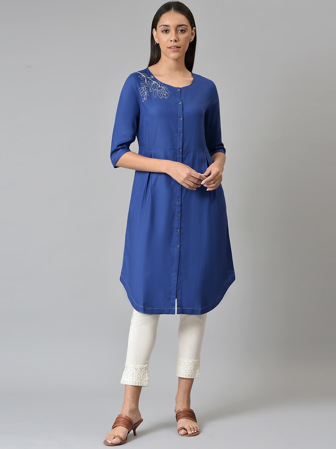 Buy W Women Blue Floral Embroidered Thread Work Floral Printed Kurta