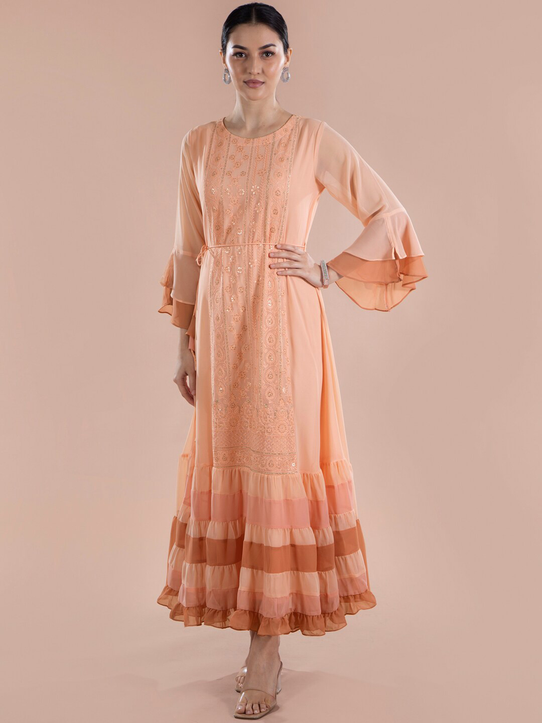 Buy Taruni Women Peach Colored Floral Motifs Sequined A Line Ethnic ...
